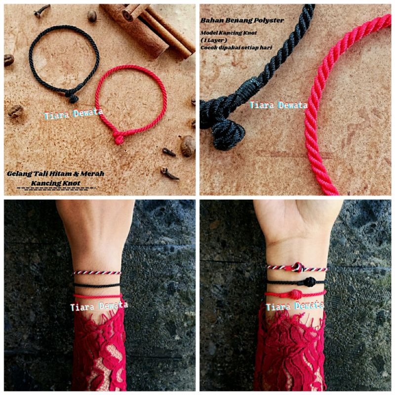HITAM MERAH Plain Red & Black Rope Bracelet KNOT Button/BALI Bracelet ...