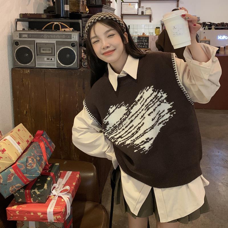 Vintage Knitted Vest New Korean Long Sleeved Shirt + Vintage Knitted ...