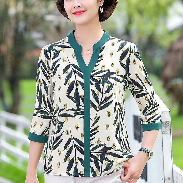 Ice Silk V Neck Blouse Plus Size Womens Summer Floral Printed Long