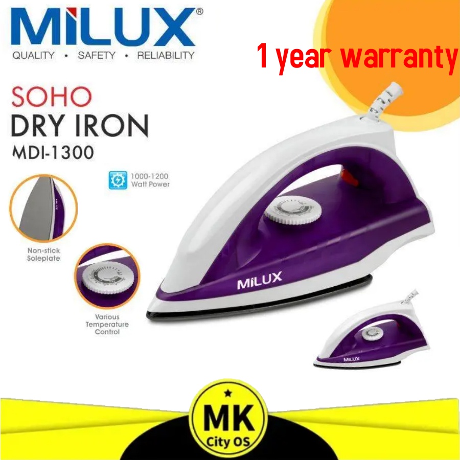 MILUX Soho Dry Iron ( 1000 - 1200w Non-Stick Sole Plate Water Inlet ...