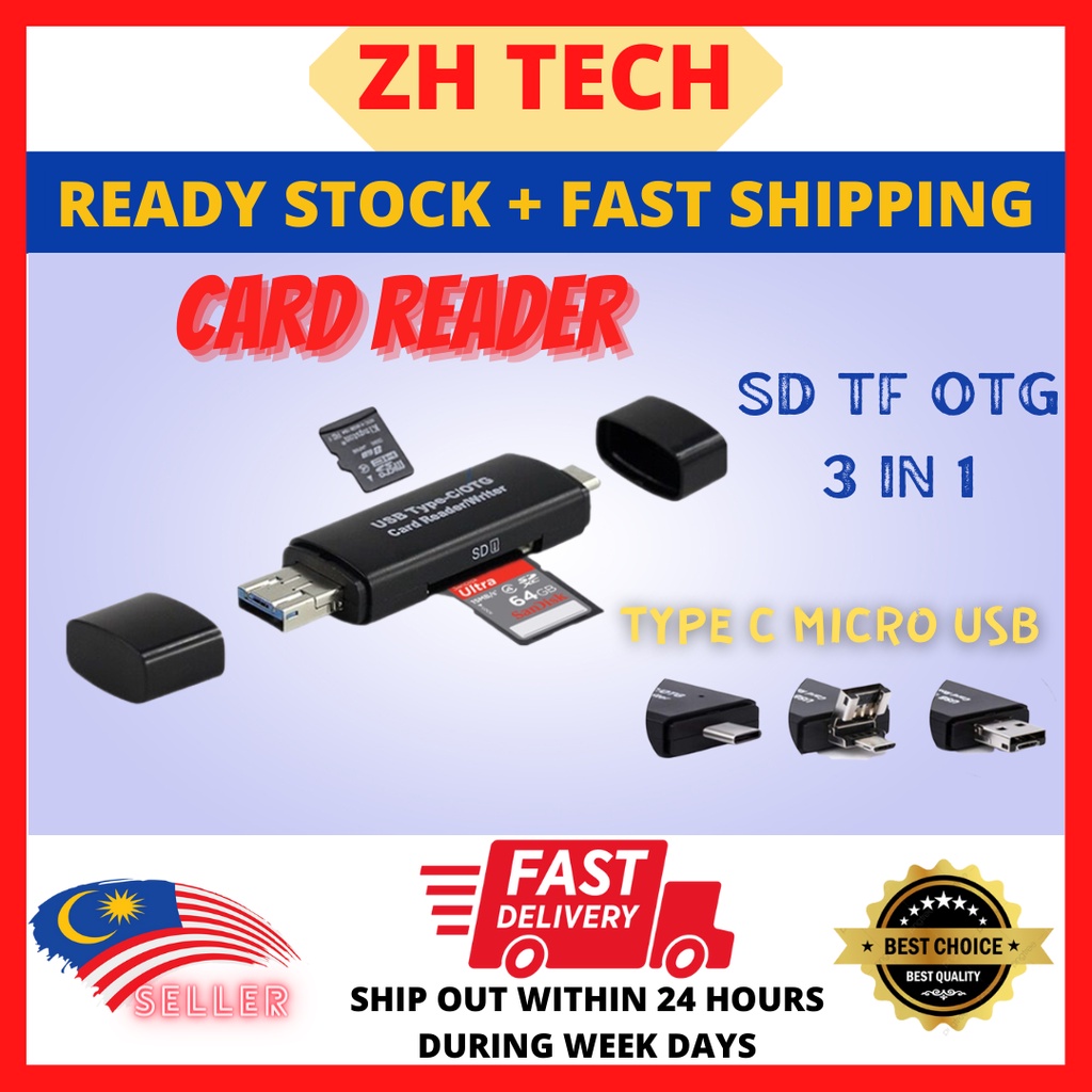 3 in 1 SD Card Reader Memory Card To USB 2.0 Type C Kad Micro OTG TF ...