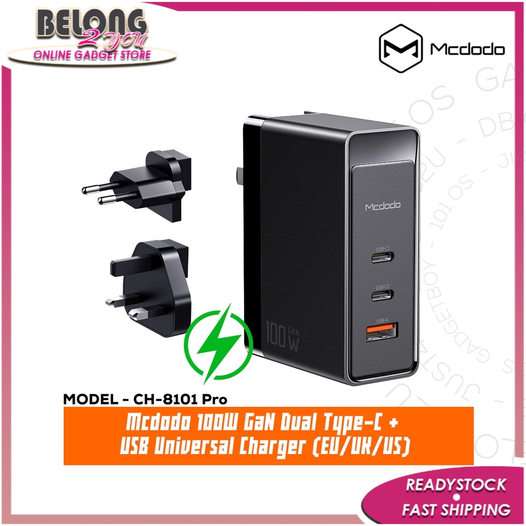 MCDODO 100W GAN DUAL TYPE-C + USB UNIVERSAL CHARGER (EU/UK/US) (CH-8101 ...