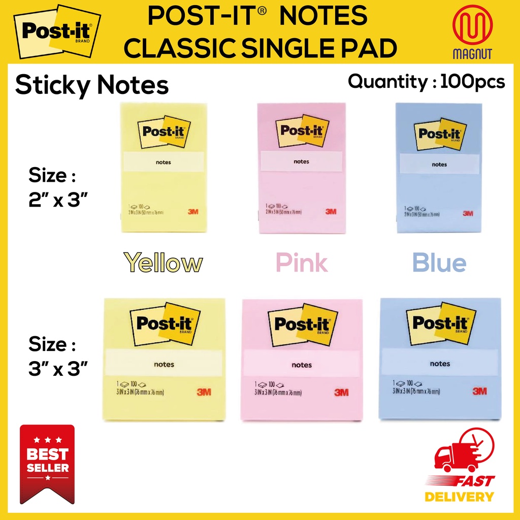 3M Post-it® Classic Single Pad Sticky Notes 2" x 3" / 3" x 3" - Re ...