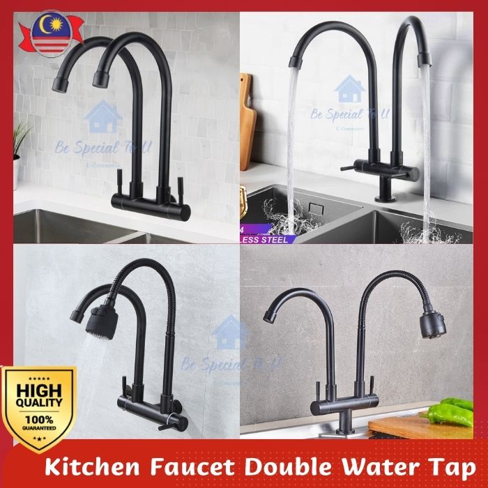 Double Faucet Kitchen Sink Flexible Wall Tap SUS304 Stainless Steel ...