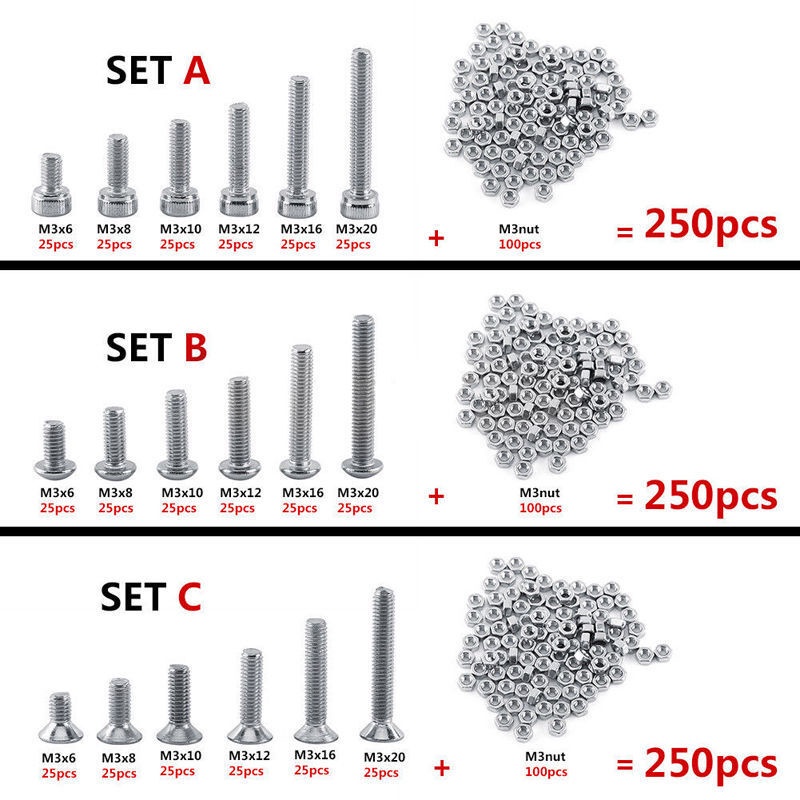 250pcs M3(3mm) A2 Stainless Steel Bolts With Hex Nuts Screws Assortment ...