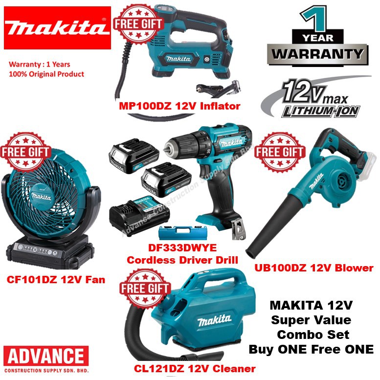 MAKITA 12V max Cordless Battery Drill DF333DWYE ( Inflator / Fan ...