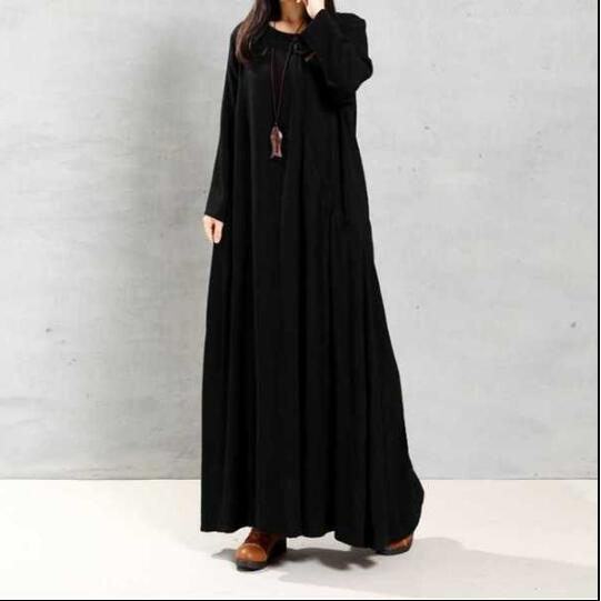 🔥MAXI DRESS MUSLIMAH Retro Pockets Solid Color Long Sleeve Cotton Maxi ...