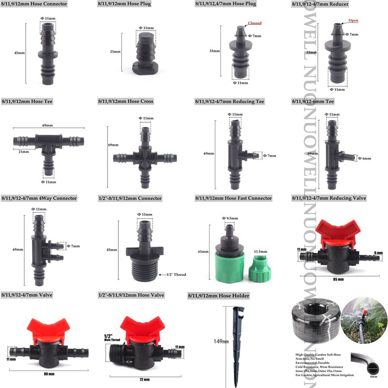 20pcs 8/11mm 8/12mm 9/12mm Garden Hose Connectors Socket Type Micro ...
