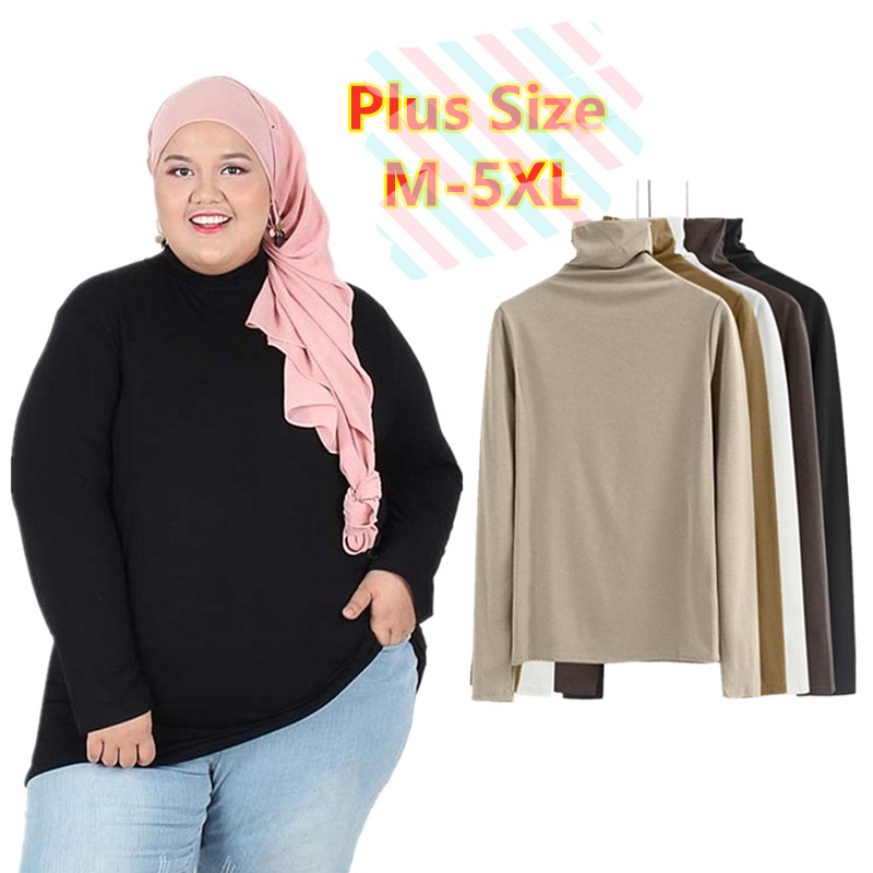 40-120kg Muslimah Inner Baju Turtleneck Blouse Plus Size Casual Women High Neck Long Sleeve Tops ...