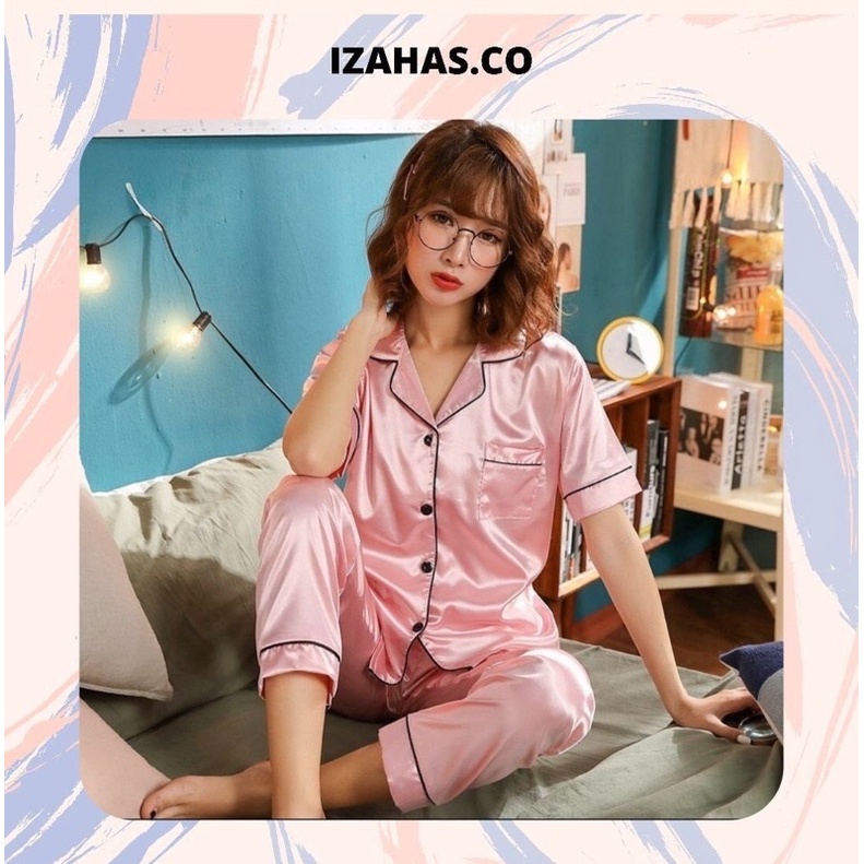 BAJU TIDUR TANGAN PENDEK SATIN SILK PINK PYJAMAS SLEEP WARE | Shopee ...