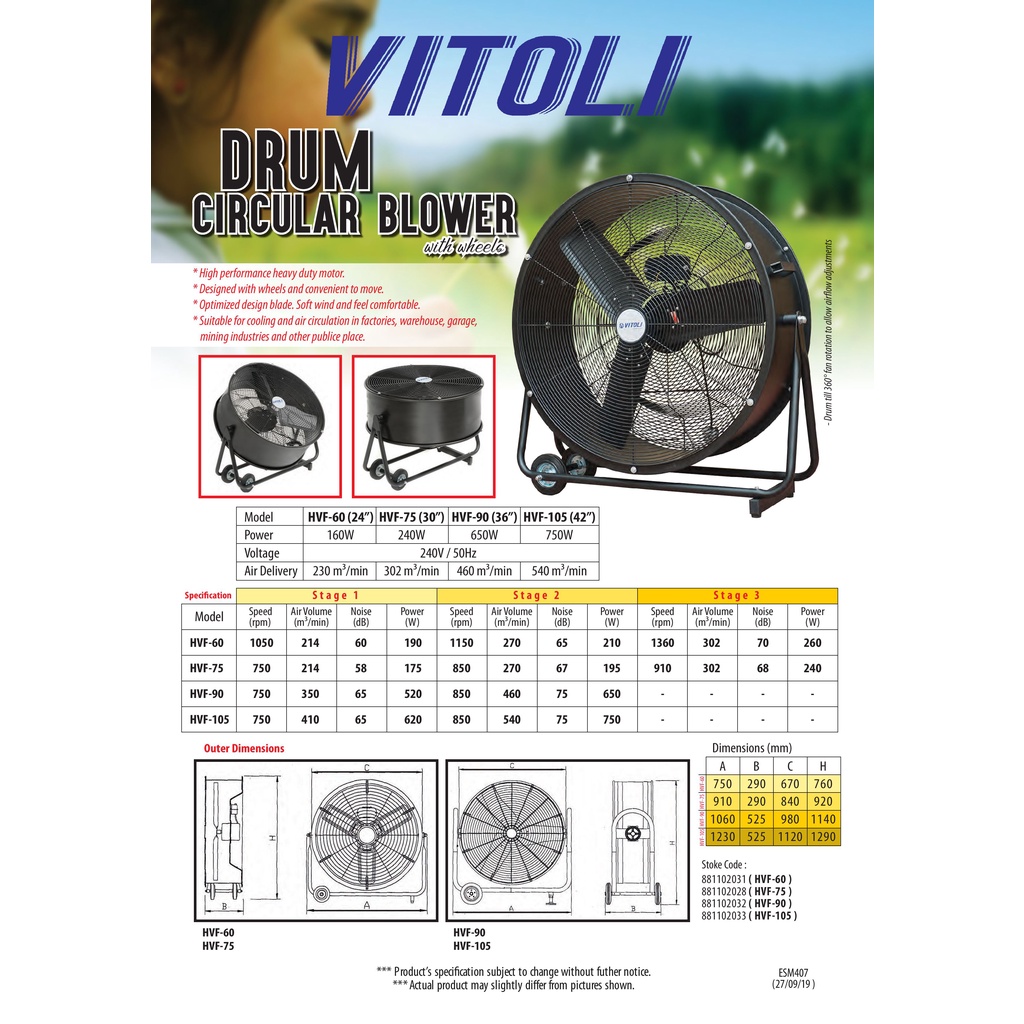Vitoli Drum Circular Blower with wheel HVF60 HVF75 HVF 90 HVF105 24 ...