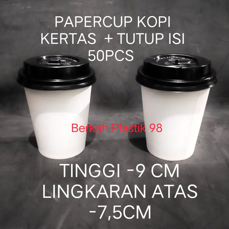 PUTIH Plain white coffee papercup uk 9 oz contains 50 pcs + glass lid ...