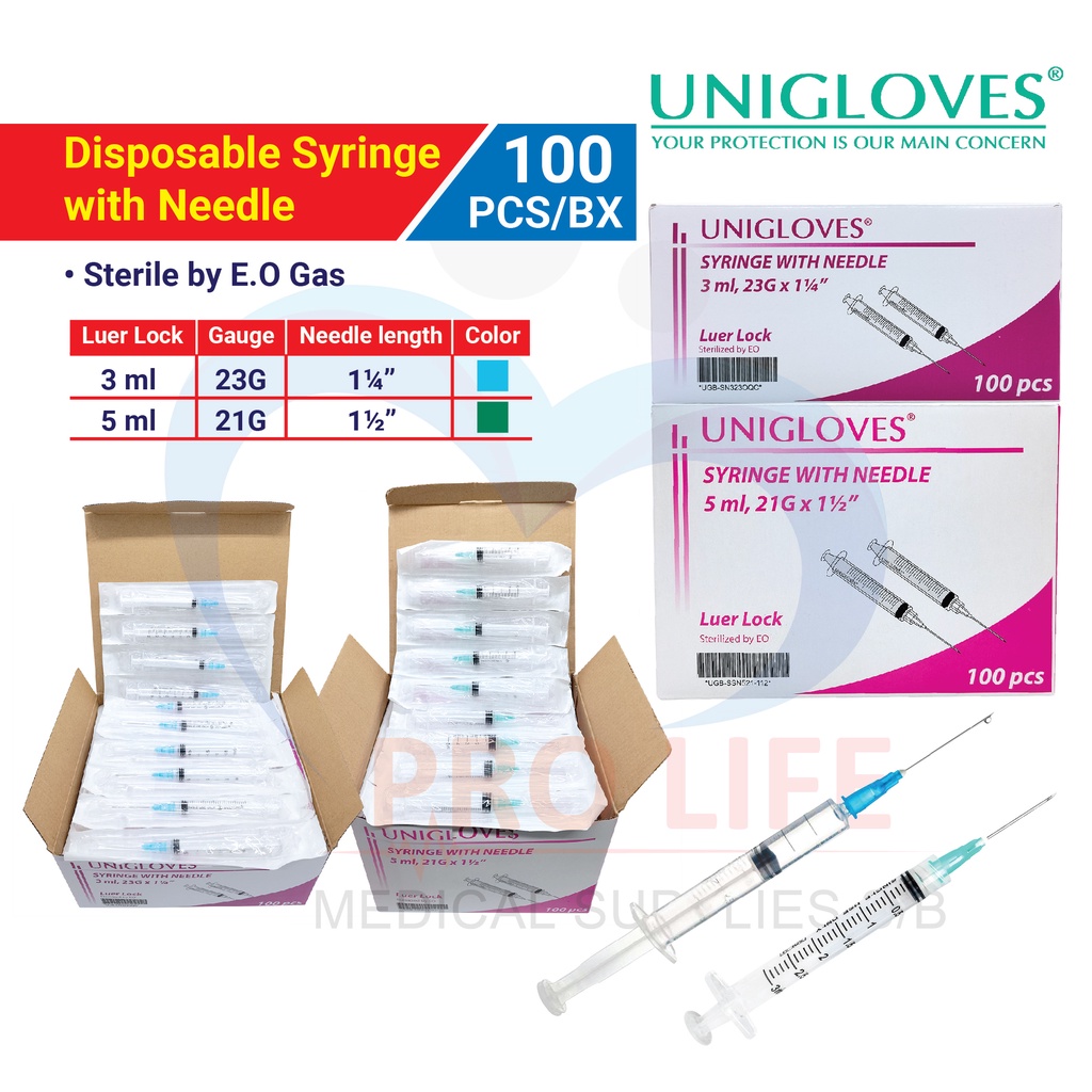 Unigloves Disposable Syringe Luer Lock with Needle (100pcs/box) (3ml ...