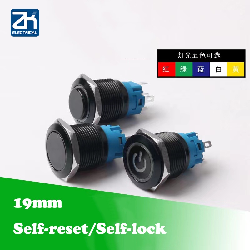 19mm Black PushButton Switch Waterproof LED Light Metal Flat Momentary ...