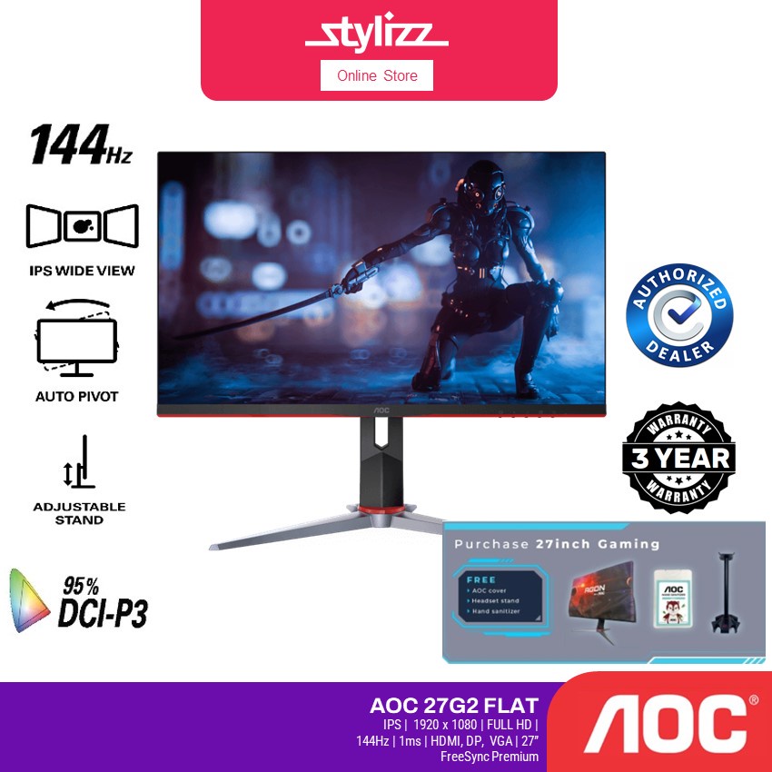 AOC 27" 27G2 GAMING MONITOR FLAT (1920X1080, 1MS, 144HZ, VGA, HDMI ...
