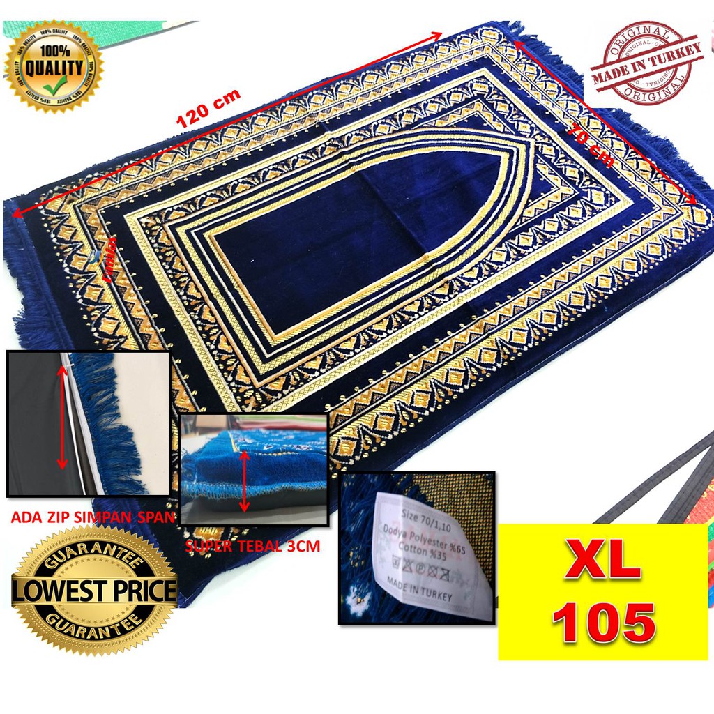 Sejadah Turki Turkey Prayer Mat sulam + Span tebal 120 cm x 70 ( XL ...