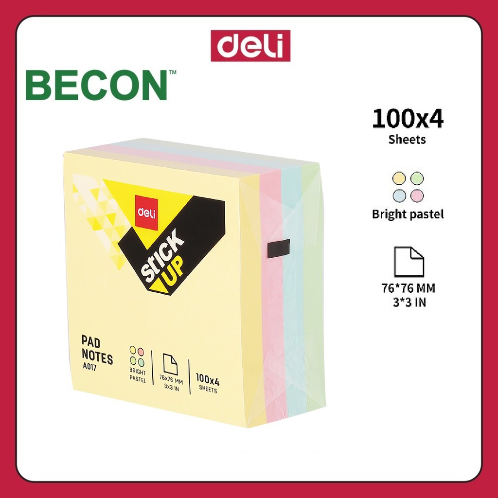 Deli Sticky Notes Bright Pastel Colour 3x3 inch EA01703 4x100's ...