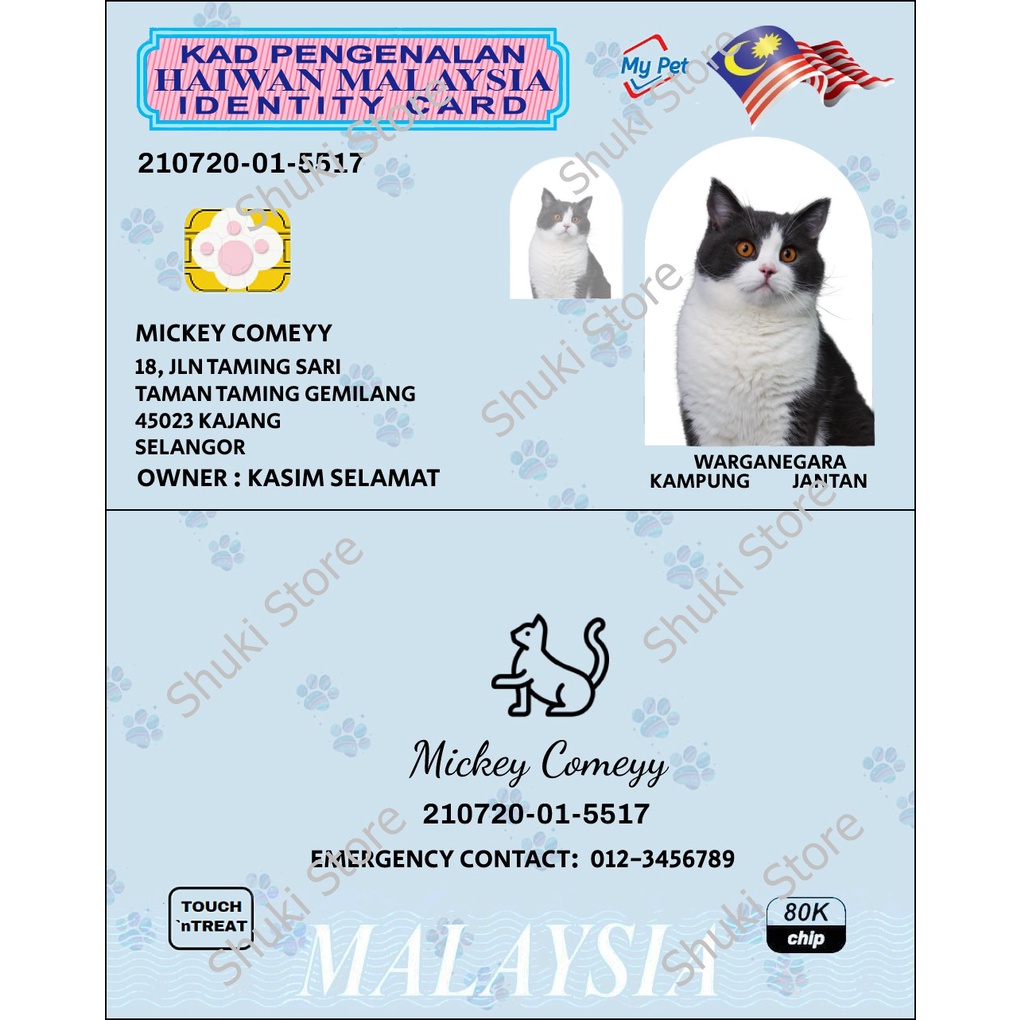 Pet Cat Dog Identity Card IC ID Rabbit Hamster Iguana Hedgehog Sugar ...