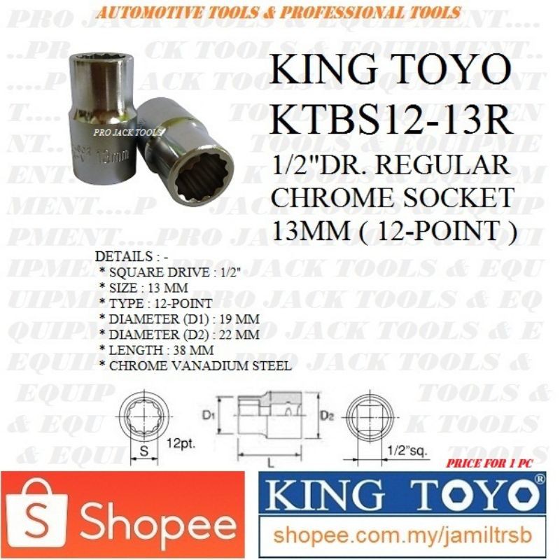 KTBS12-13R ~ 2025 Original KING TOYO 1/2"Dr. Regular Chrome Socket ...