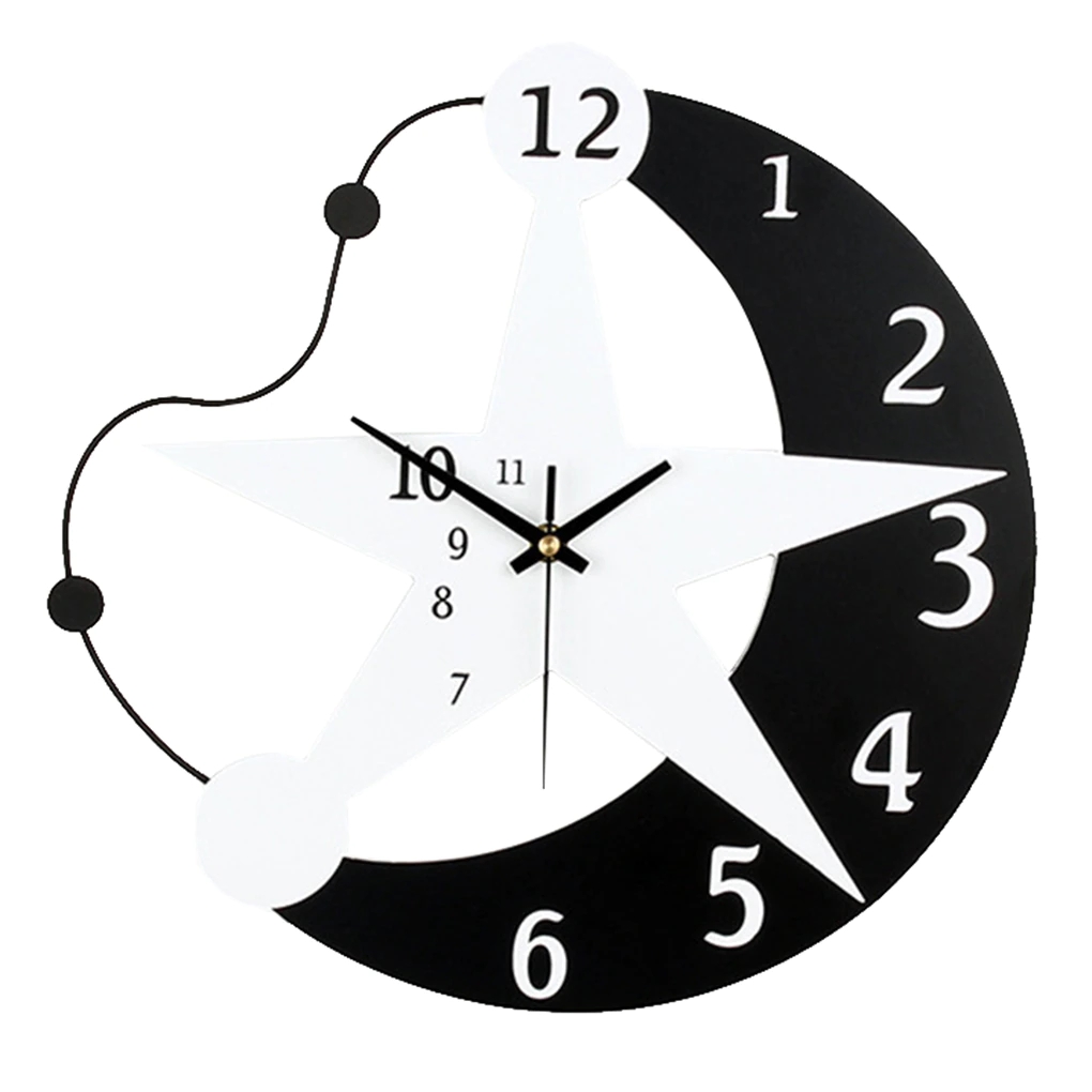 Moon Stars Wall Clock Black White Wooden House Silent Clock Restaurant ...