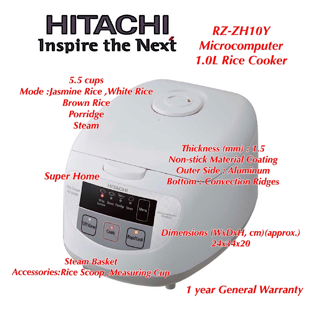 Hitachi Microcomputer 1.0 Litre Rice Cooker RZ-ZH10Y (White) - 1L ...