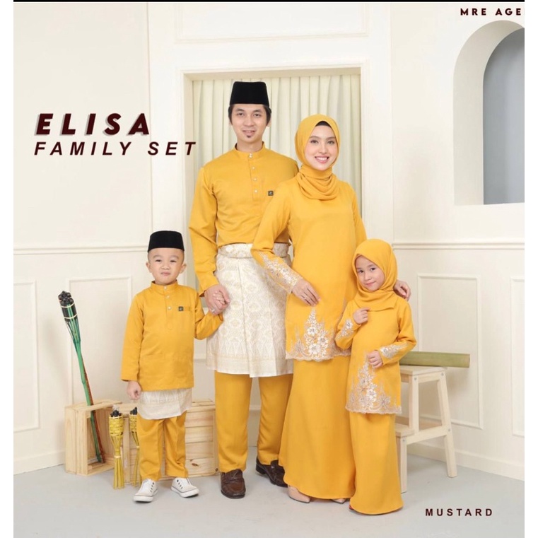 SET FAMILY RAYA/ ELISA WARNA MUSTARD | BAJU KURUNG MODEN LACE | Shopee ...