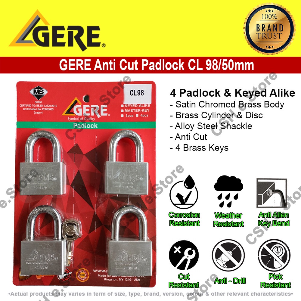 GERE Padlock Lock Anti Cut Padlock CL98/50mm 4 Locks Keyed Alike Kunci ...