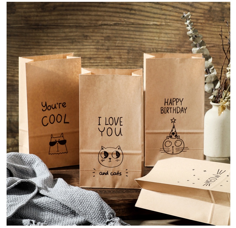 [5pcs] Cat Packaging Bag Kraft Paper Bag Flip Top Gift Bag Happy ...