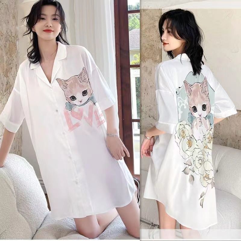 Ice Silk Nightdress Womens Short Sleeved Sexy Pajamas Korean Version