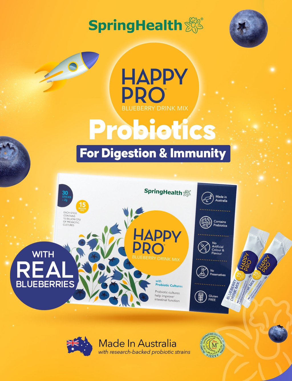 SpringHealth Happy PRO® Blueberry Drink Mix with 15 Billion CFU ...