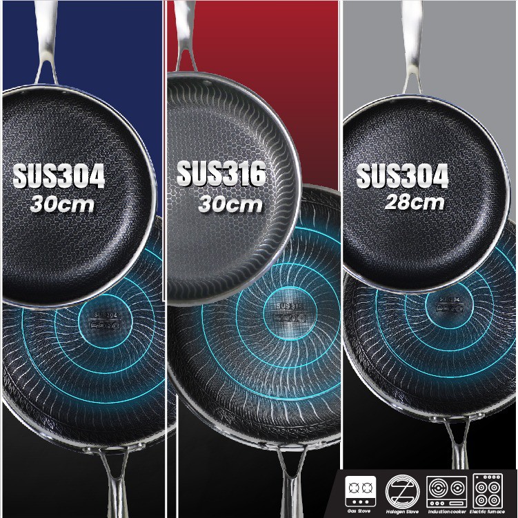 28cm/30cm ( SUS 304 & 316 ) 7 layer honeycomb steel fry pan stainless ...