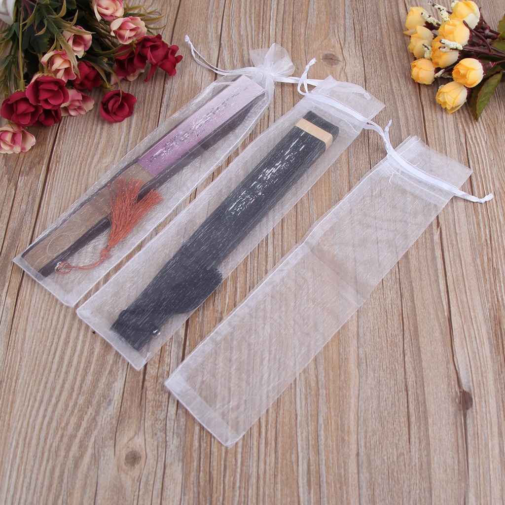 50 Pcs White Drawstring Organza Folding Hand Fan Pouch Party Gift Bags ...