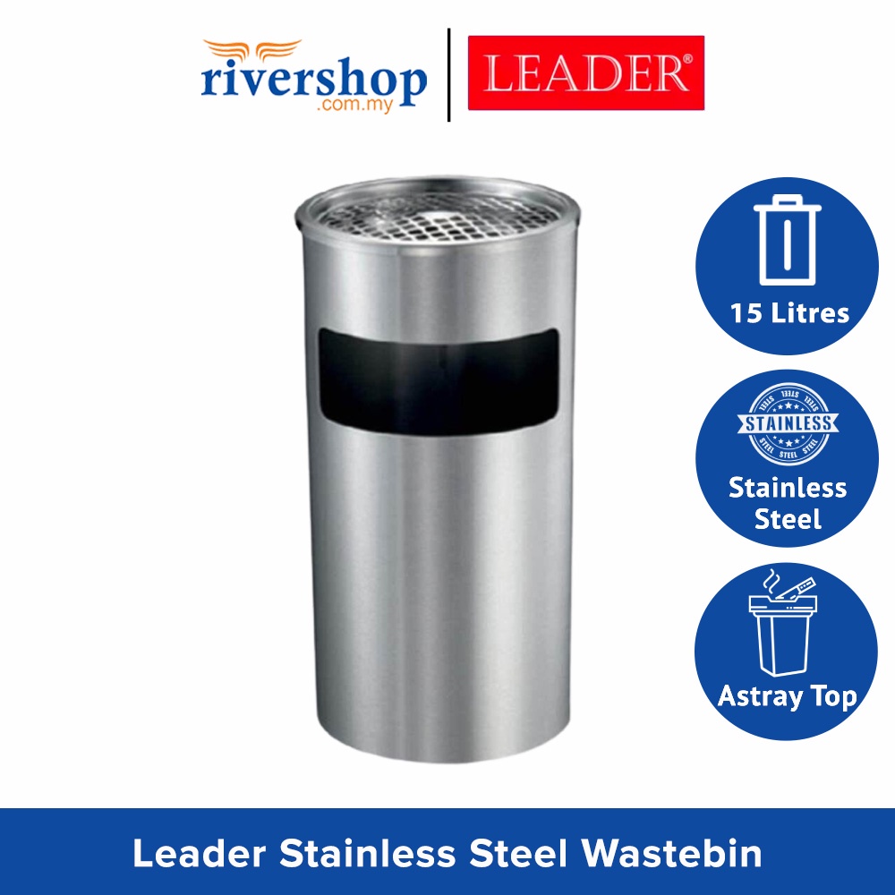 LEADER 15Litres Stainless Steel Dustbin With Ashtray Top Round Trash ...
