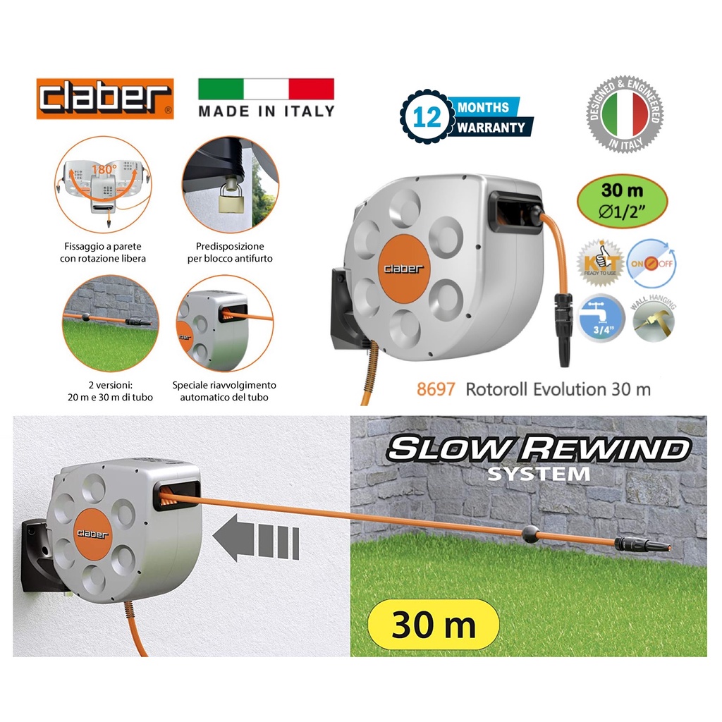 Claber 8697 30-meter Rotoroll Evolution Automatic Hose Reel (Made in ...