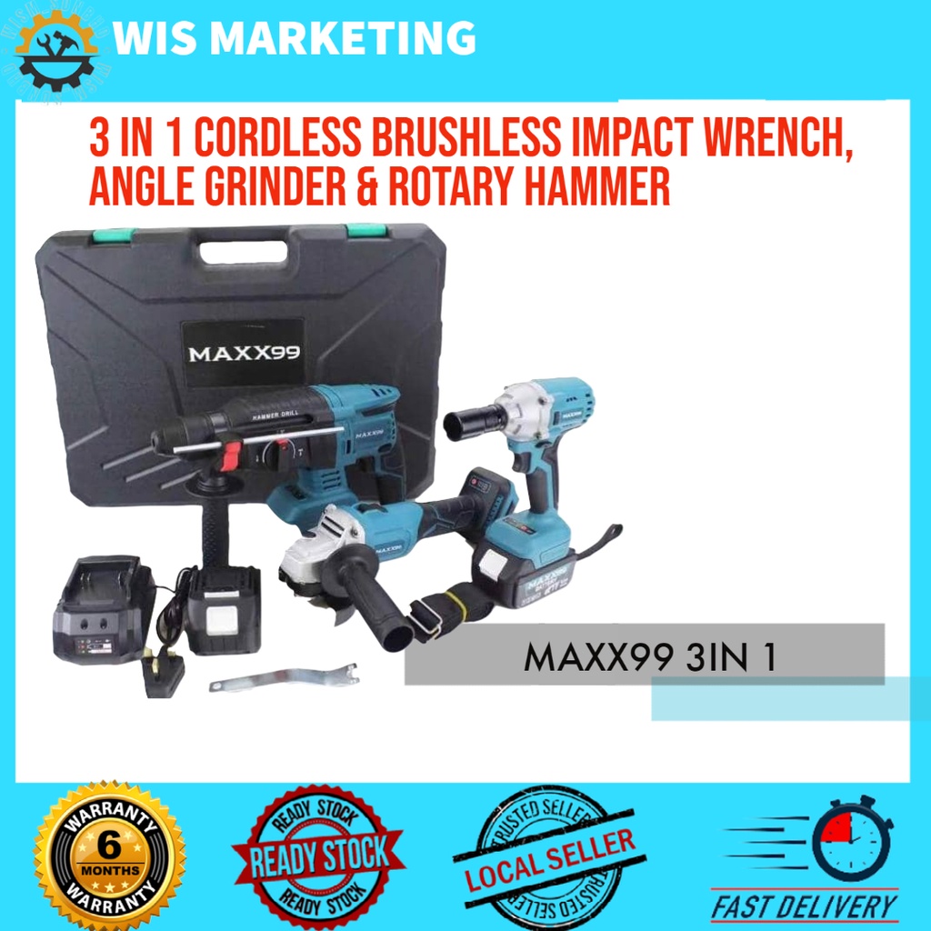 MAXX 99 3 IN 1 CORDLESS BRUSHLESS IMPACT WRENCH, ANGLE GRINDER & ROTARY HAMMER | 2X 5.0AH ...