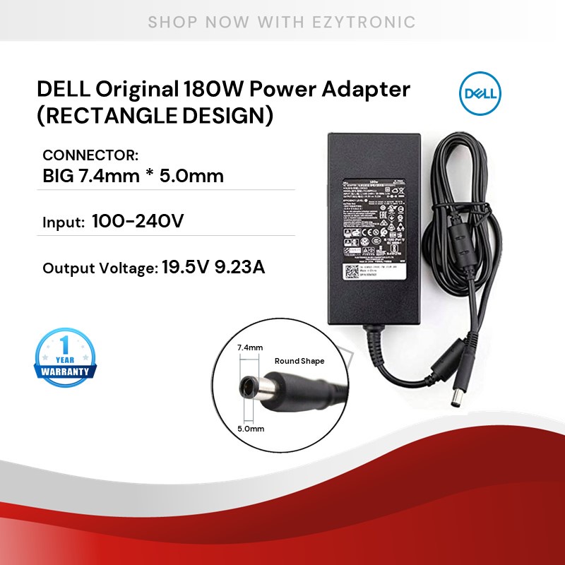 DELL ORIGINAL 180W 19.5V~9.23A (RECTANGLE DESIGN) CONNECTOR: BIG 7.4*5 ...