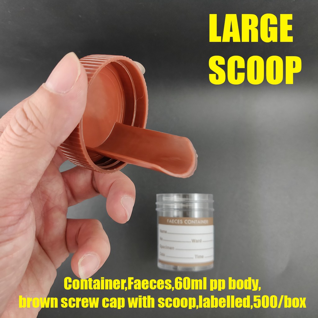 Faeces Container, 60ml pp body, brown screw cap with scoop, labelled ...