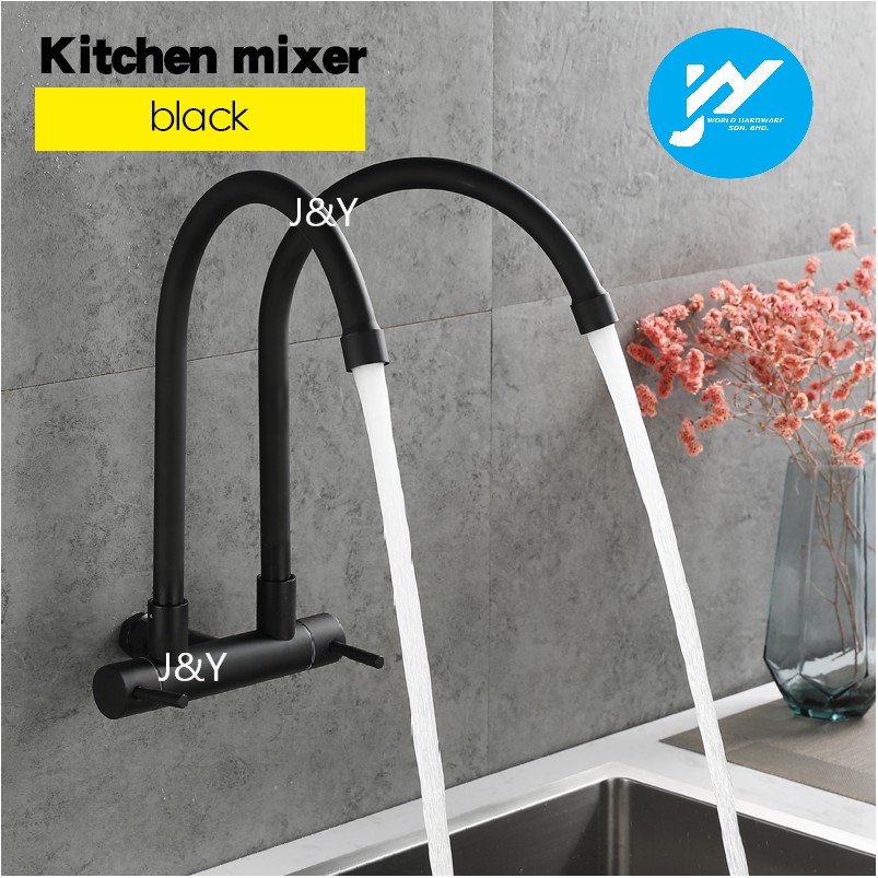 Black Kitchen Double Faucet Wall Water Tap SUS 304 Stainless Steel ...