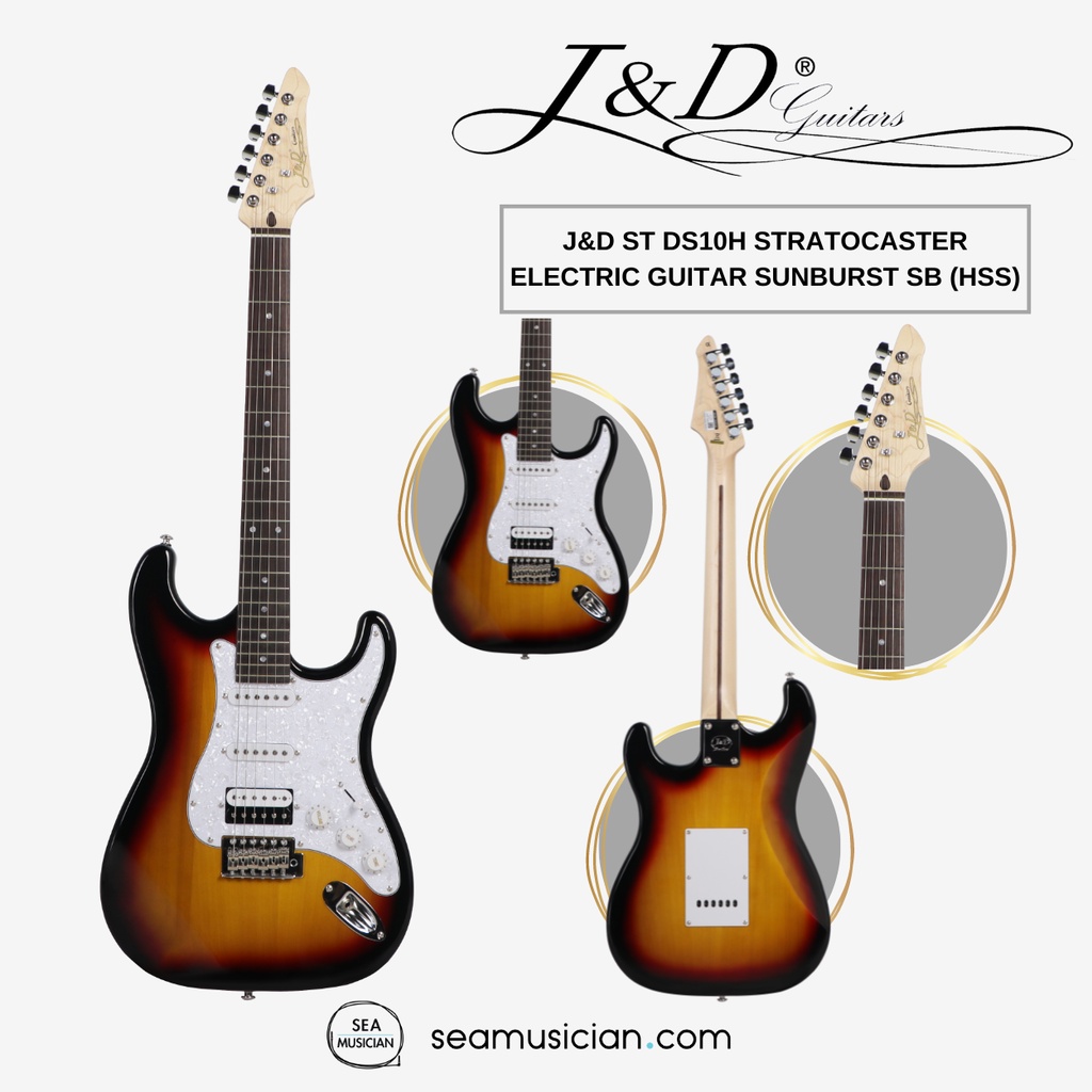 J&D ST DS10H STRATOCASTER ELECTRIC GUITAR SUNBURST SB (HSS) PAU FERRO ...