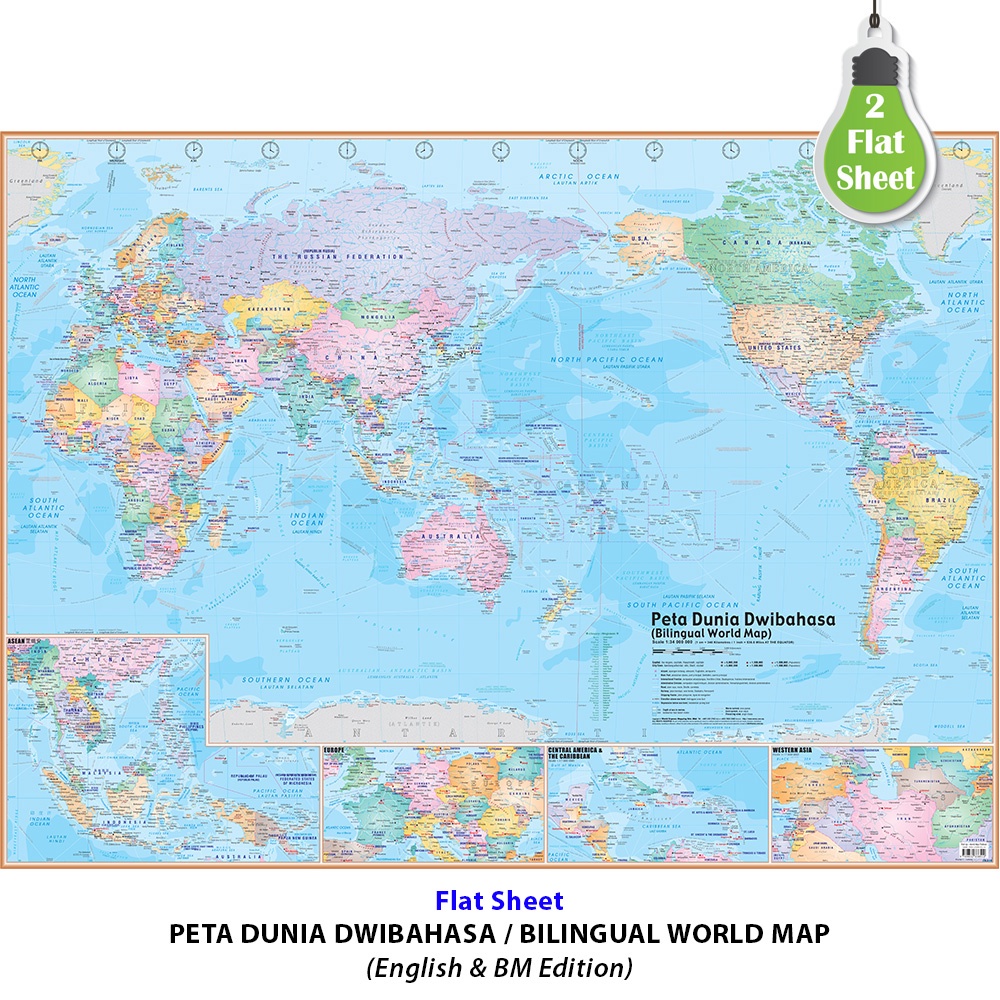 🌎 Roll Up Map - PETA DUNIA DWI BAHASA The Bilingual World Map 双语世界地图 (36” x 48”) Big Size High ...