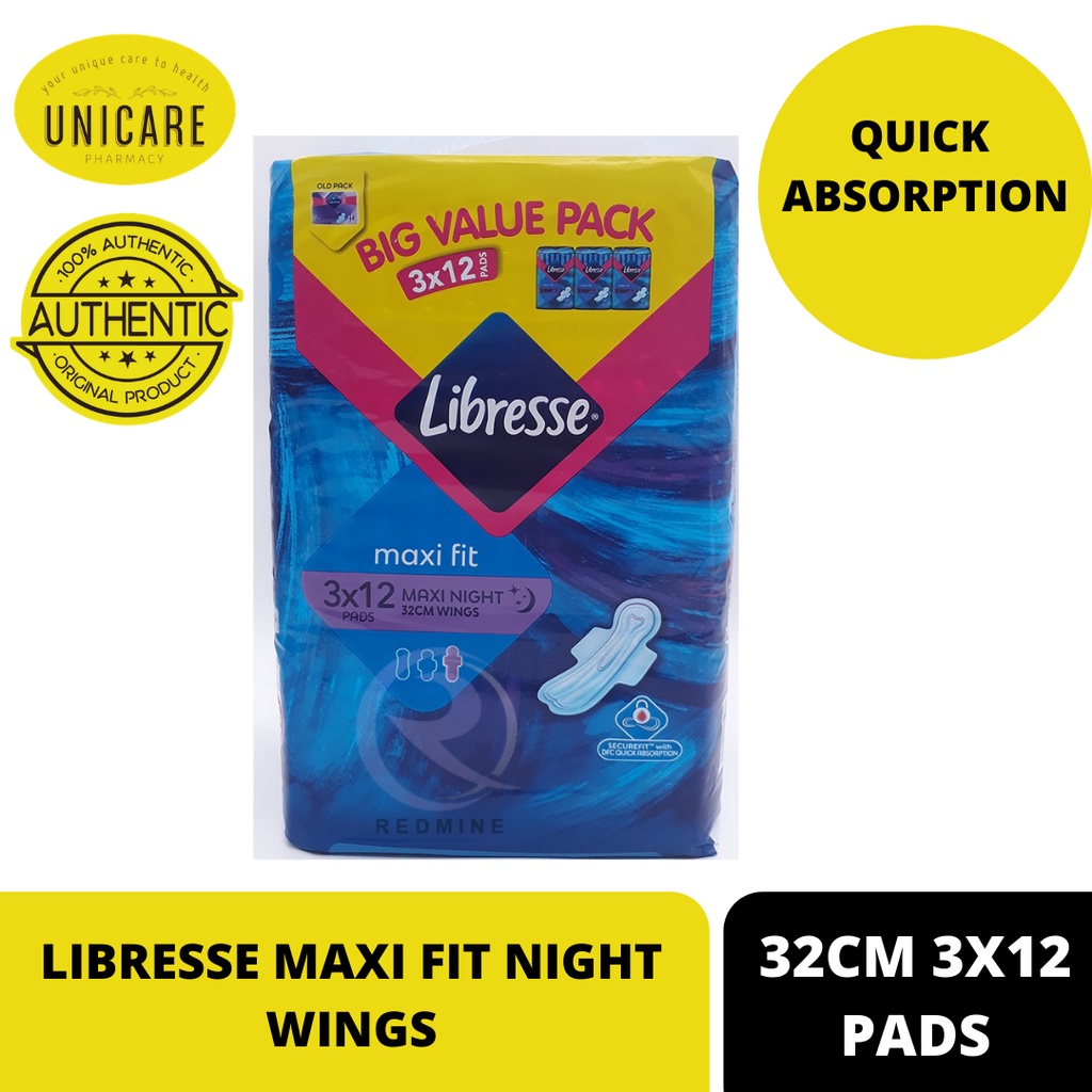 LIBRESSE MAXI FIT NIGHT WINGS 32CM (3X12 PADS) | Shopee Malaysia