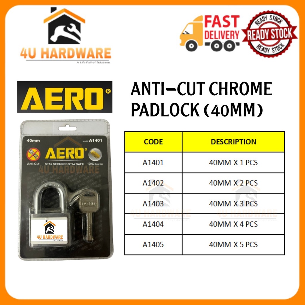 Aero 40mm Anti-Cut Chrome Padlock / Key Alike System Padlock / A1000 ...