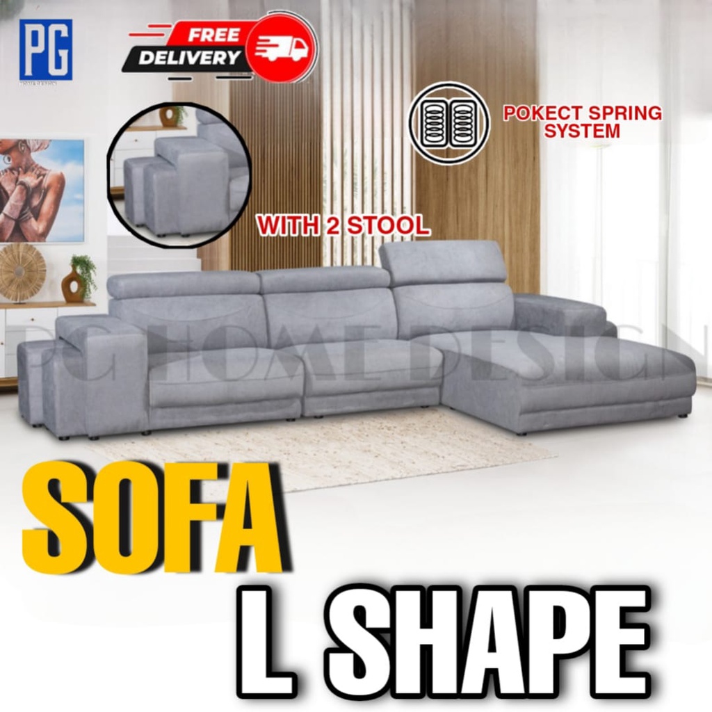 PG HOME:-Sofa L Shape Modern Design / Flash Deals with 2 stool velvat ...