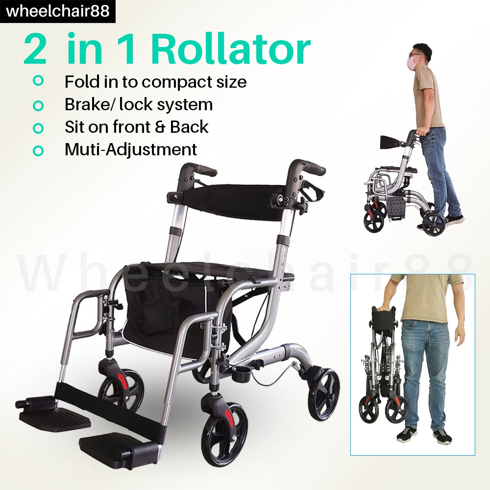 2in1 Rollator Walker, 100kg Capacity, Aluminum Frame, Foldable, Brake ...