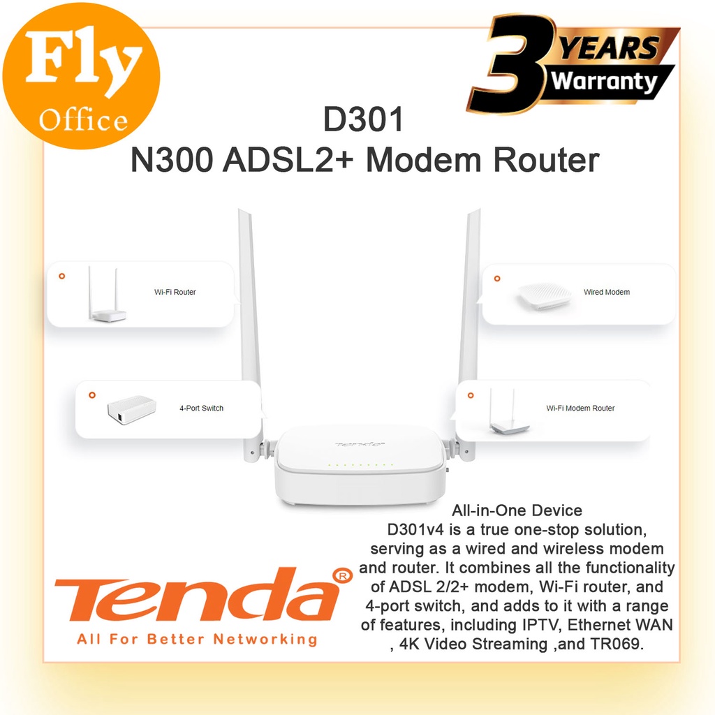 Tenda D301 300Mbps Wireless N300 ADSL2+ Modem Router | Shopee Malaysia