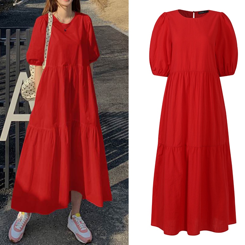 women’s long dress Loose Solid Color Puff Sleeve Swing Long Dress BAJU ...