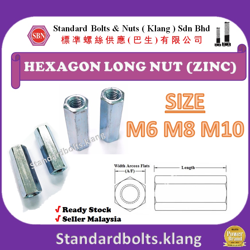 (10PCS) HEXAGON LONG NUT / Hexagon Coupling Nut (ZINC) SIZE: M6, M8 ...