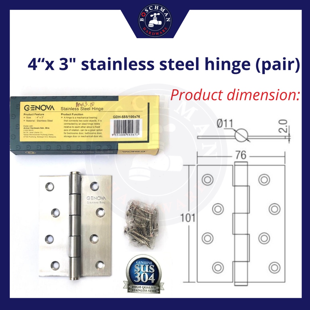 Genova Stainless Steel Door Hinge Ensel Pintu Kayu Engsel Pintu 1 pair ...