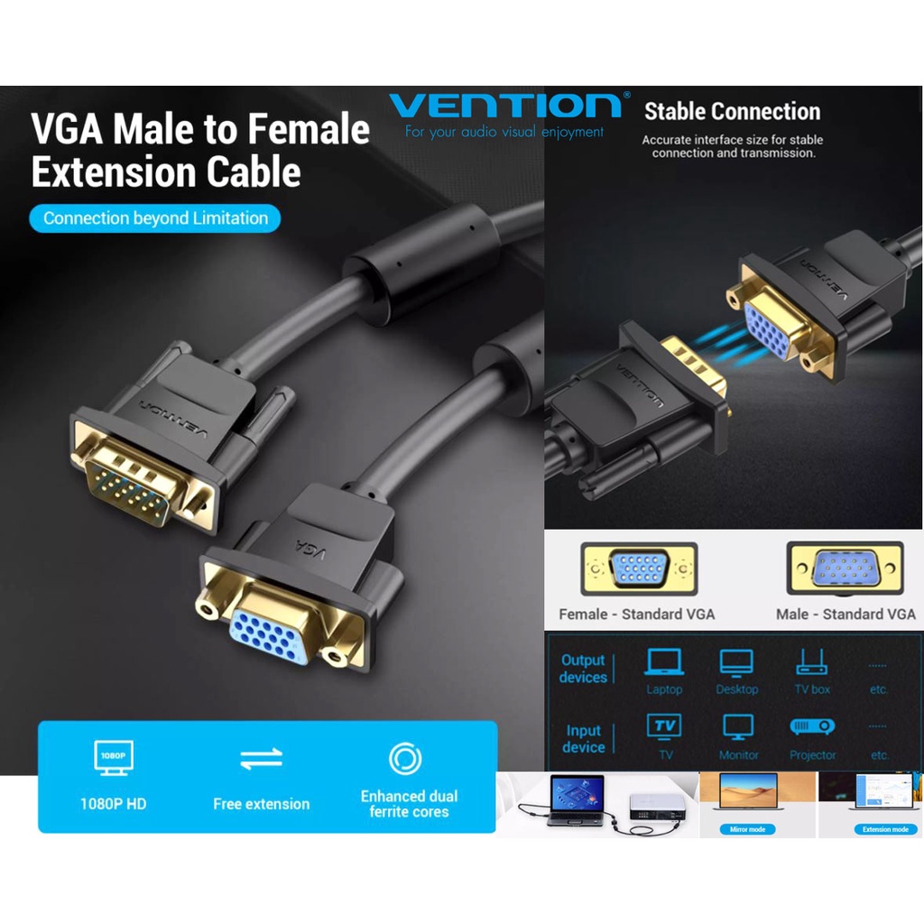 Original Vention VGA Extension 1080P Full HD SVGA HD15 Male to Female ...