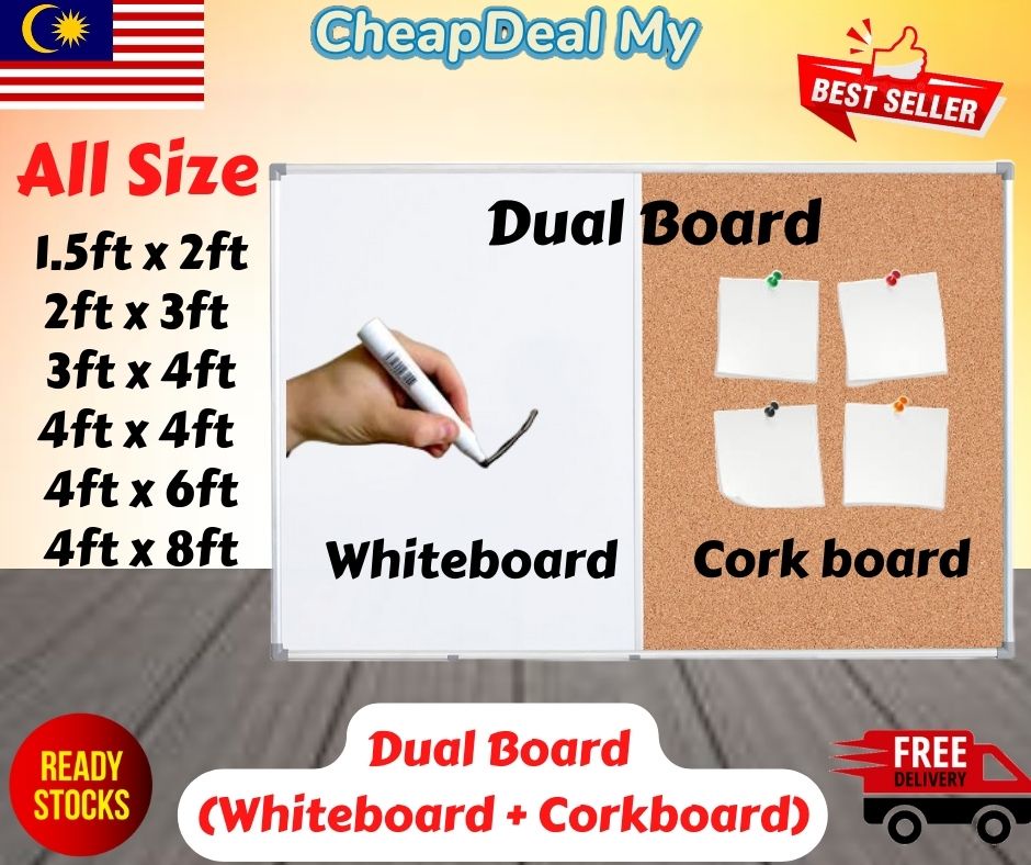 All SIZES 2 in 1 Dual Board Notice Cork board + Whiteboard 1.5 x2 2x3 ...
